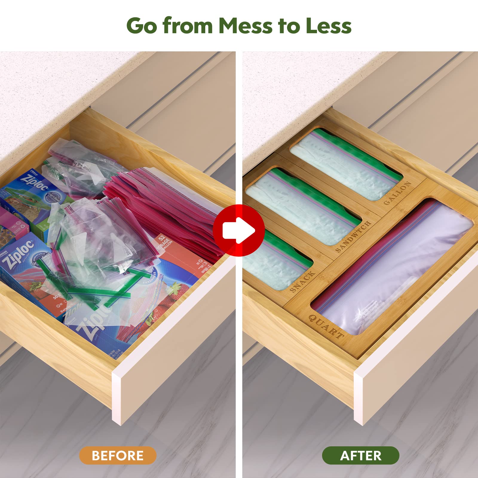 NautDuty Ziplock Bag Storage Organizer, Bamboo Baggie Organizer, Food Storage Bag Organizer for Kitchen Drawer, for Gallon, Quart, Sandwich, Snack & Slider Bags, Ziploc Bag Organizer