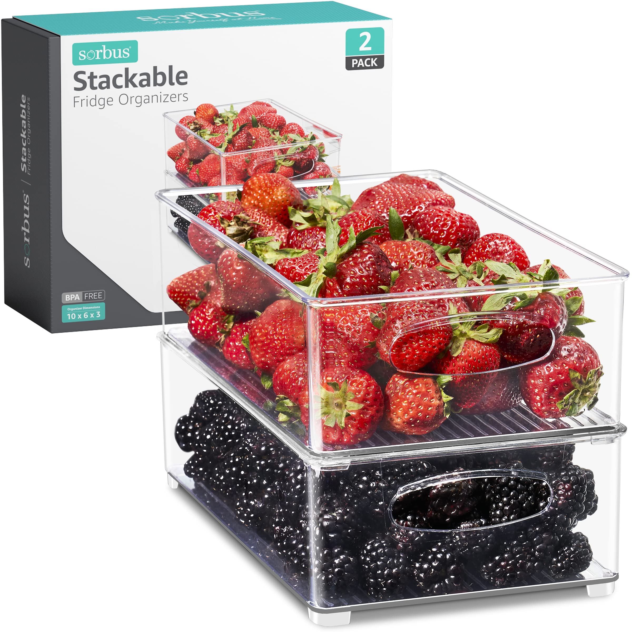 Sorbus Stackable Refrigerator Organizer Bins - Clear Storage Bins for Kitchen Pantry, Freezer & Fridge Organization - Food Organizing Plastic Containers with Handles for Countertops & Drawers (2 Pack)