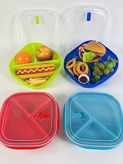 Set of 4 - Microwave Food Storage Containers, Lunch Boxes - 3 Section / Compartment Divided Plates w/ Vented Lid and 1 BAMD Kitchen Conversion Magnet, 41965n