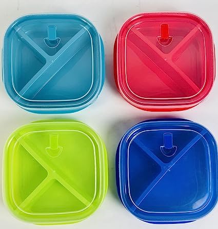 Set of 4 - Microwave Food Storage Containers, Lunch Boxes - 3 Section / Compartment Divided Plates w/ Vented Lid and 1 BAMD Kitchen Conversion Magnet, 41965n
