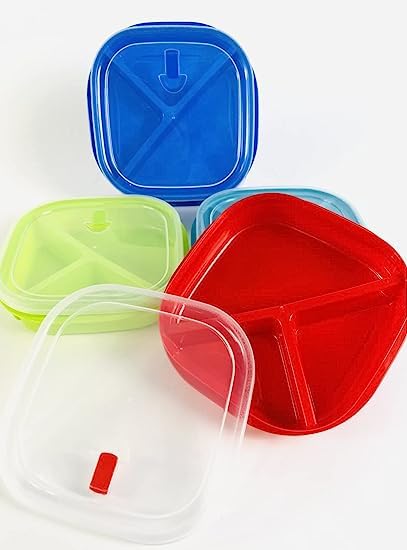 Set of 4 - Microwave Food Storage Containers, Lunch Boxes - 3 Section / Compartment Divided Plates w/ Vented Lid and 1 BAMD Kitchen Conversion Magnet, 41965n