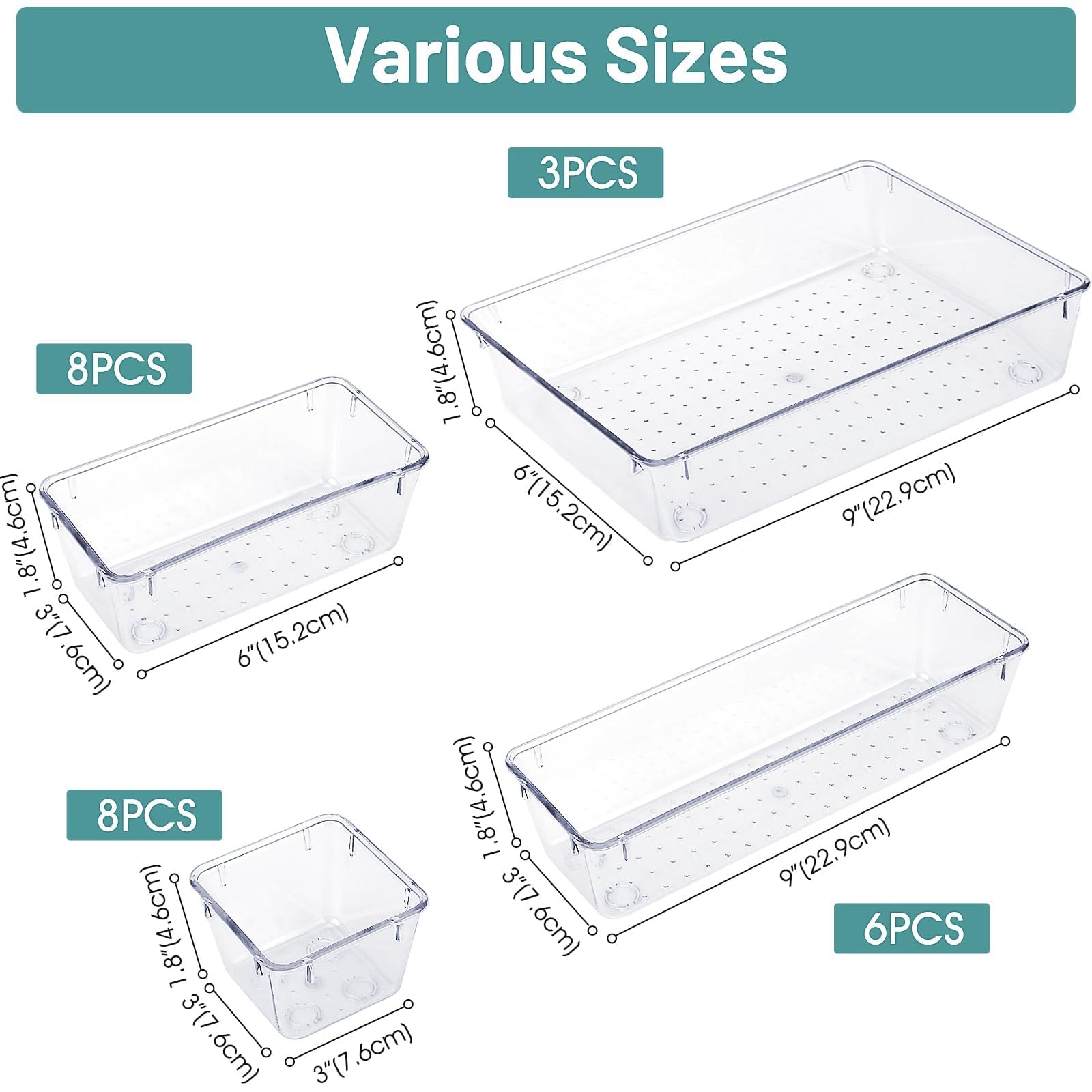 WOWBOX 25 PCS Clear Plastic Drawer Organizer Set, 4 Sizes Desk Drawer Divider Organizers and Storage Bins for Makeup, Jewelry, Gadgets for Kitchen, Bedroom, Office Bathroom, Office