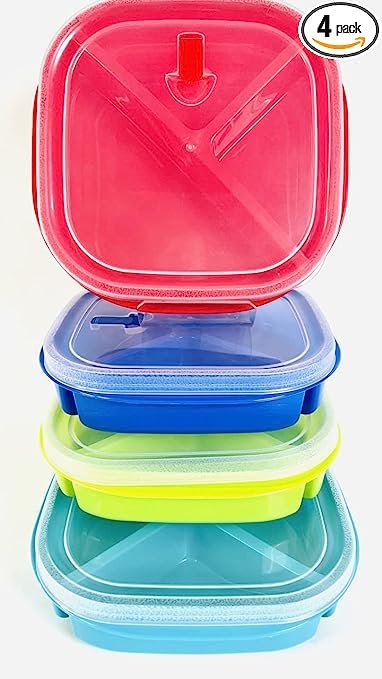 Set of 4 - Microwave Food Storage Containers, Lunch Boxes - 3 Section / Compartment Divided Plates w/ Vented Lid and 1 BAMD Kitchen Conversion Magnet, 41965n