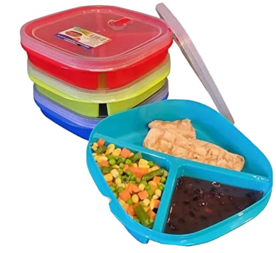 Set of 4 - Microwave Food Storage Containers, Lunch Boxes - 3 Section / Compartment Divided Plates w/ Vented Lid and 1 BAMD Kitchen Conversion Magnet, 41965n