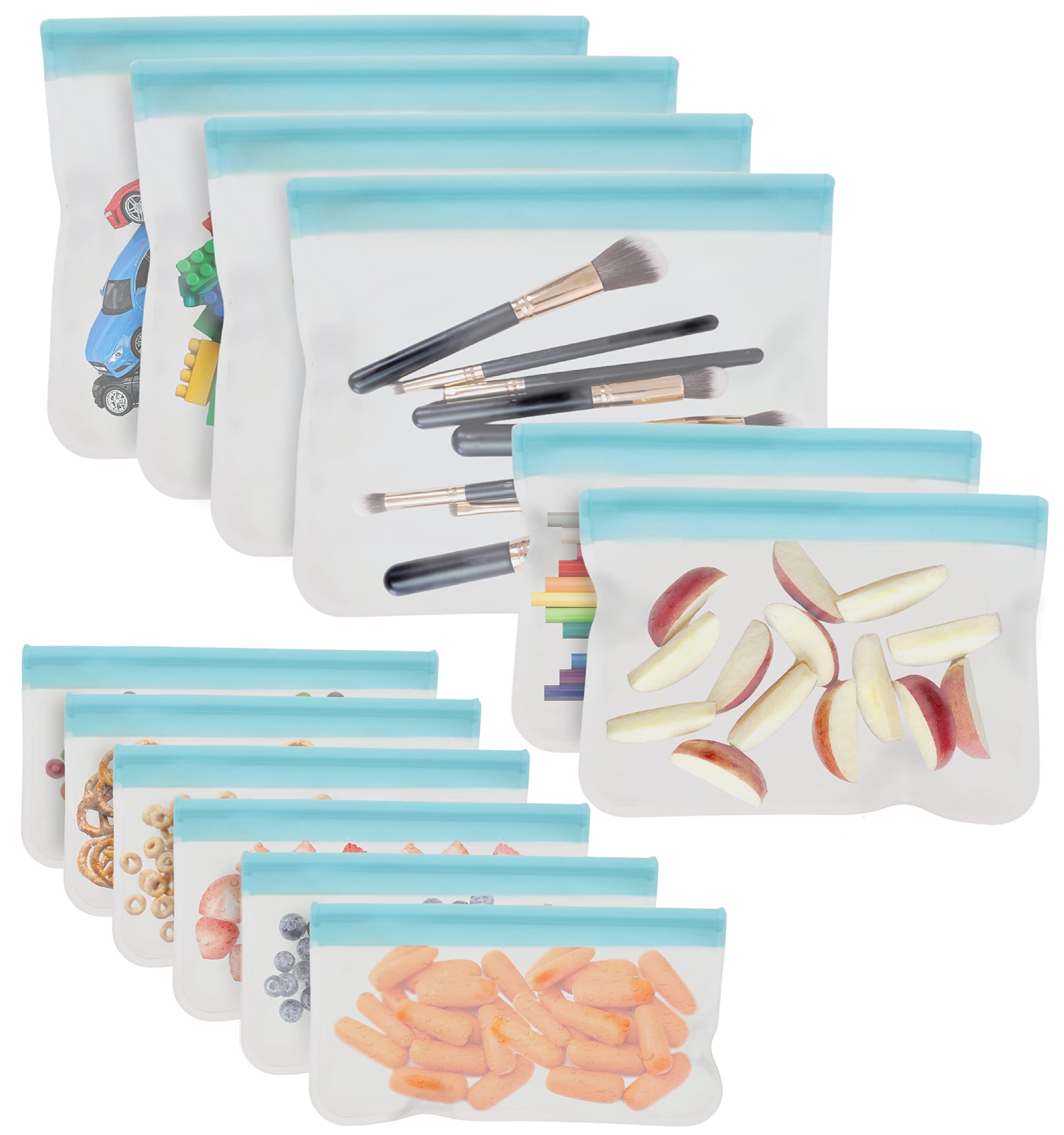 Cuisinart Reusable Food Storage Bags, 12 Pack Turquoise - Resealable Bags for Food, Leftovers, & Snacks to Store, Freeze or Refrigerate - BPA Free Flat Freezer Bags - Includes Small, Medium & Large