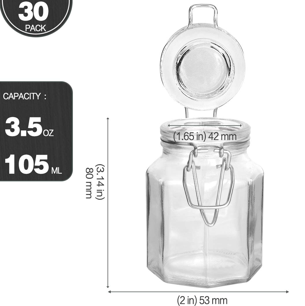 Spice Jars, KAMOTA 30 PACK 3.5oz Octagonal Diamond Small Glass Jars with Leak Proof Rubber Gasket and Airtight Hinged Lid, 280 Spice Labels & 2 Silicone Funnels, for Spice Herb,Art Craft Storage Empty