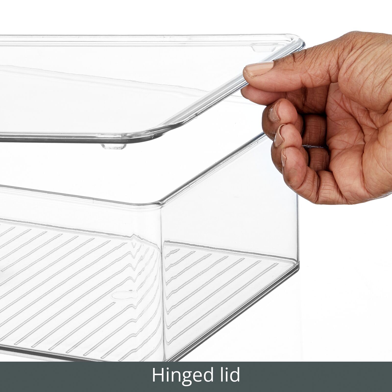 mDesign Plastic Kitchen Pantry and Fridge Storage Organizer Box Containers with Hinged Lid for Shelves or Cabinets, Holds Snacks, Canned Drinks, Condiments, Utensils, Ligne Collection, Clear