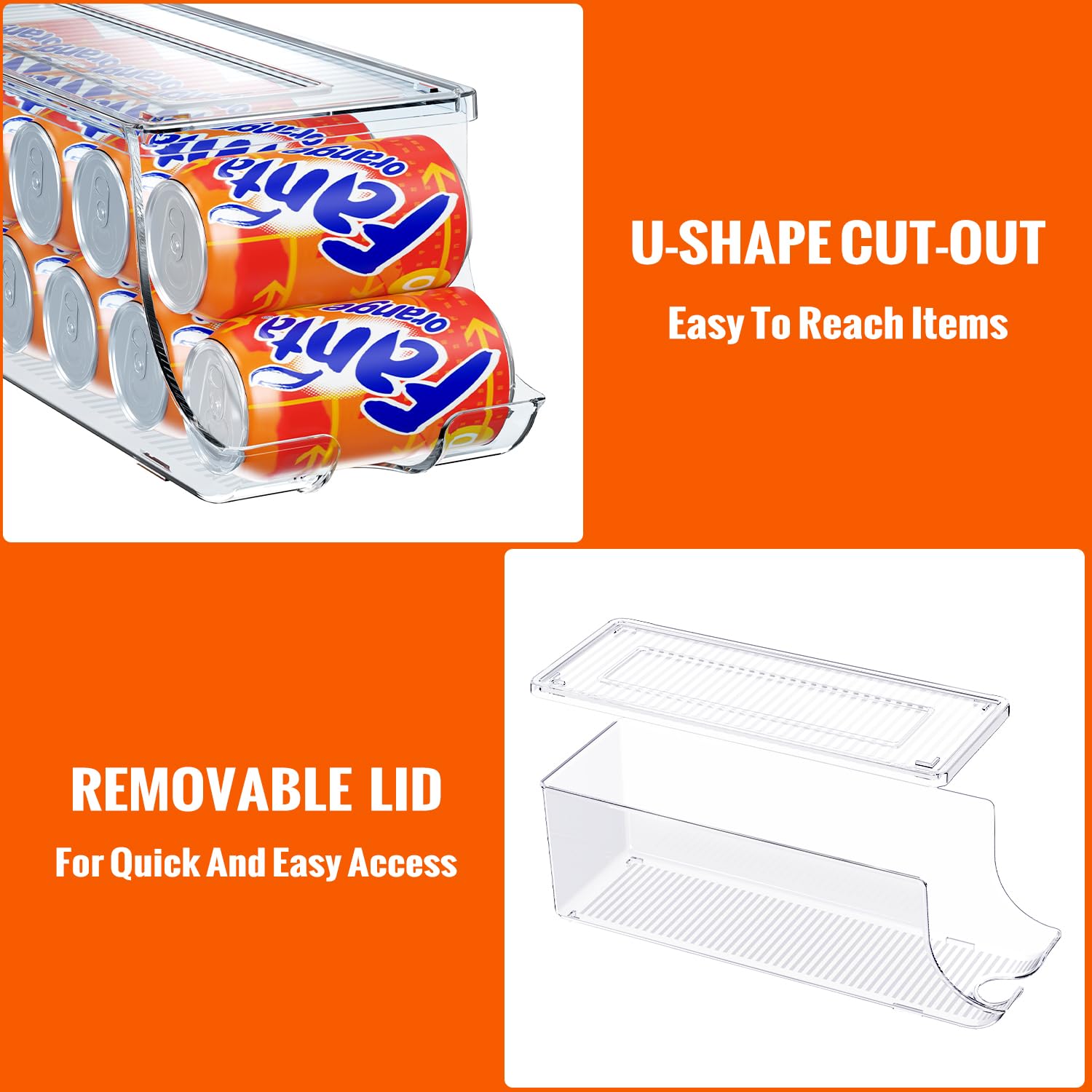 SCAVATA Soda Can Organizer for Refrigerator, Stackable Canned Food Pop Cans Container Can Holder Dispenser with Lid for Fridge Pantry Rack Freezer, Clear Plastic Storage Bins, Holds 12 Cans Each