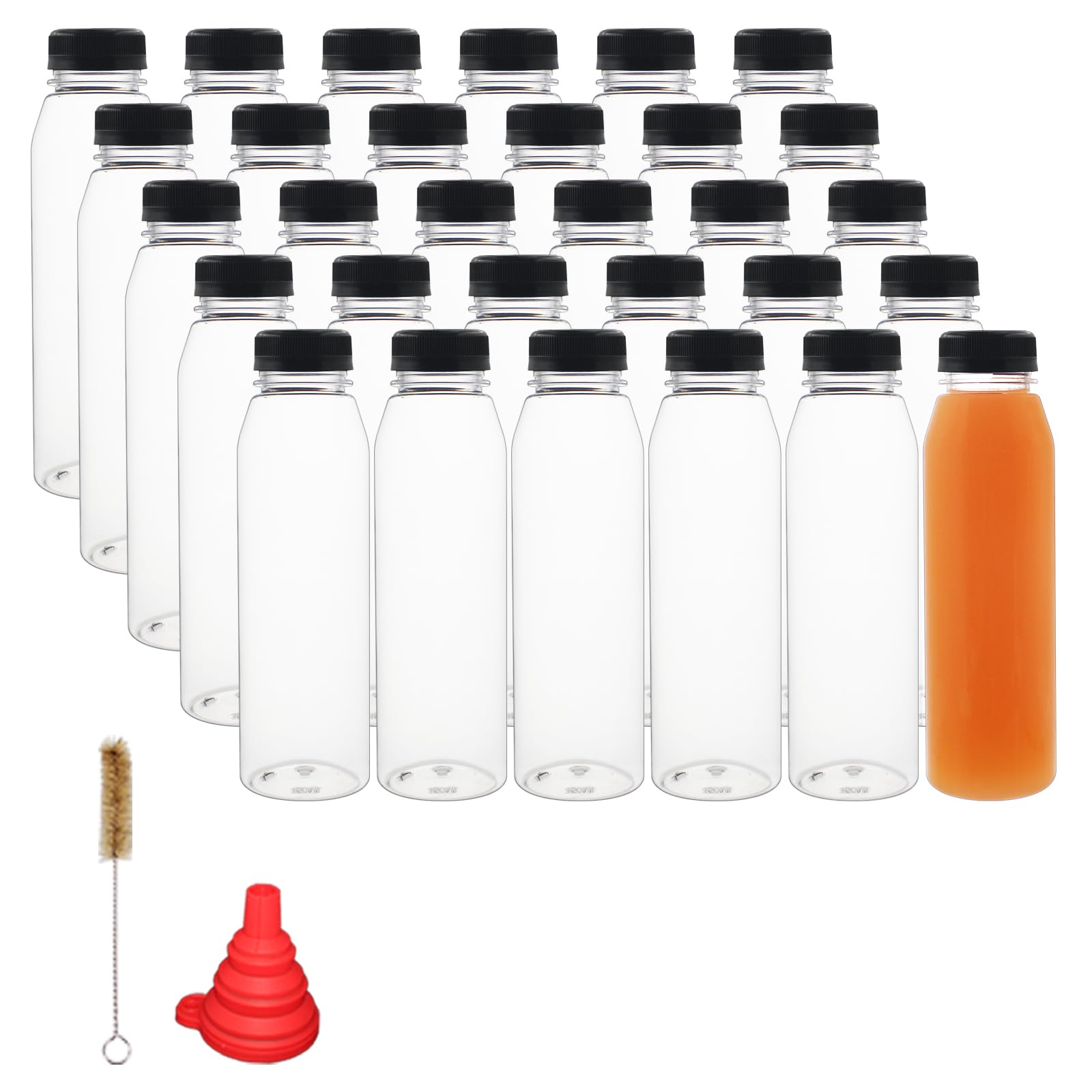 BPFY 30 Pack 12 oz Empty Plastic Juice Bottles with Caps Reusable Clear Beverage Containers with Black Tamper Evident Lids, Brush, Funnel for Juice, Milk, Water, Coffee