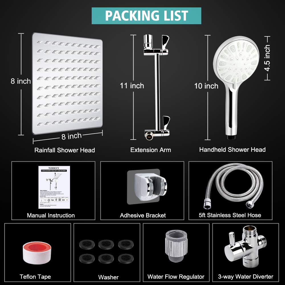 Shower Head, 8 Inch High Pressure Rainfall Shower Head/Handheld Shower Combo with 11 Inch Extension Arm, 9 Settings Adjustable Anti-leak Shower Head with Holder/Hose, Height/Angle Adjustable