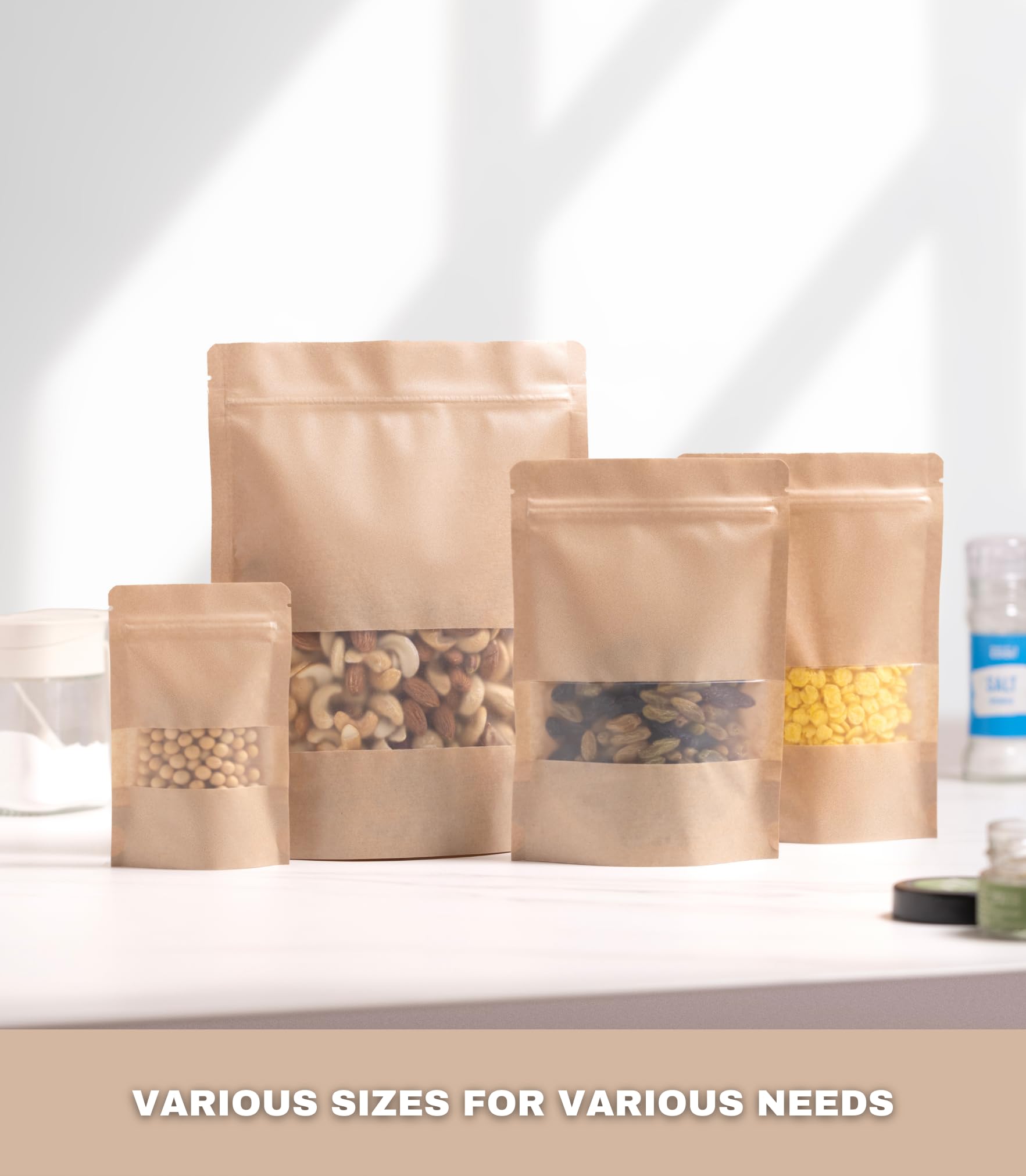 24/7 Bags- 200 Pack, Kraft Paper Stand Up Pouch Bag- 5.5" x 7.8", Resealable Zip-Lock with Front Window, Zero BPA, Easy Tear Notch, Self Stand Up, Food Grade Interior Coating