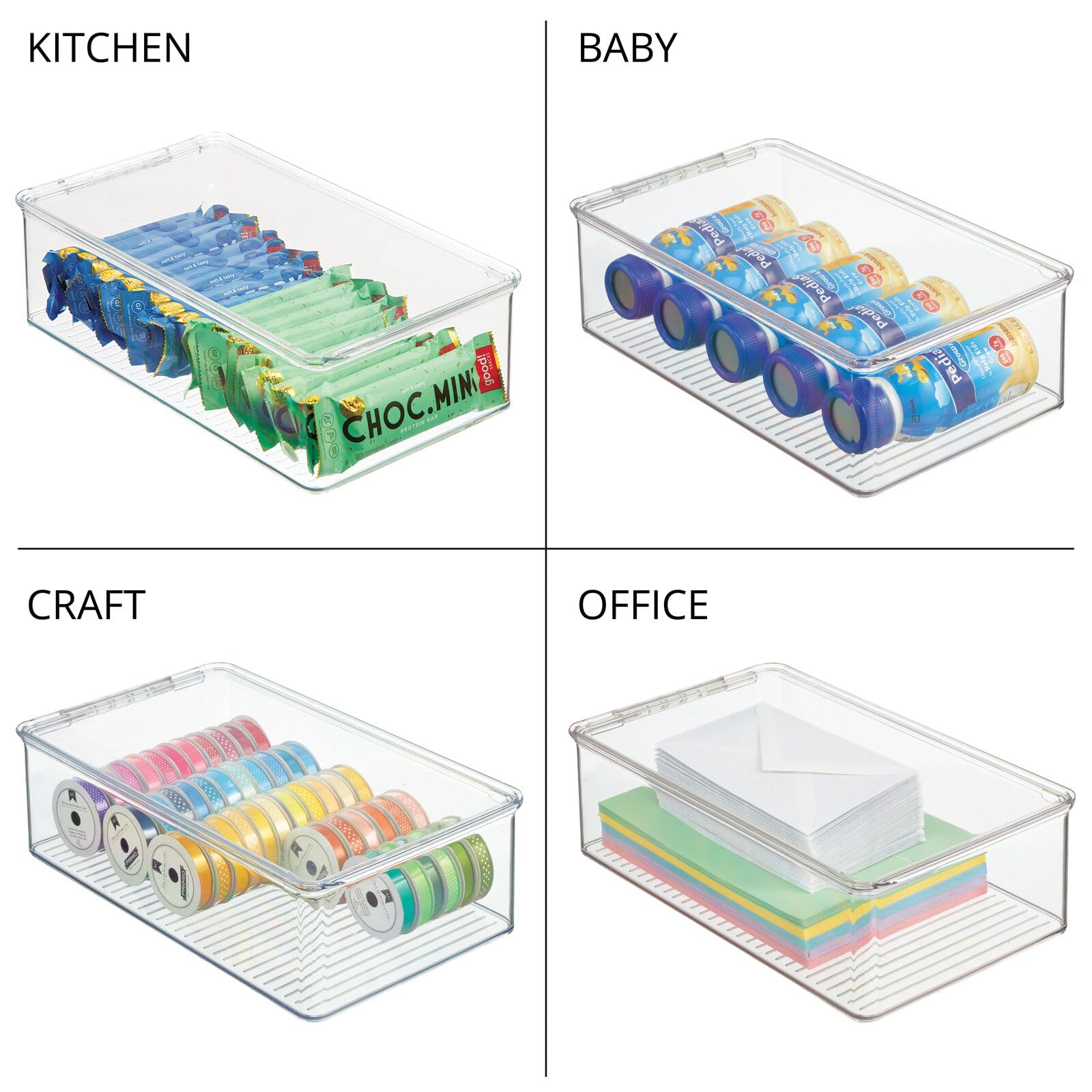 mDesign Plastic Kitchen Pantry and Fridge Storage Organizer Box Containers with Hinged Lid for Shelves or Cabinets, Holds Snacks, Canned Drinks, Condiments, Utensils, Ligne Collection, Clear