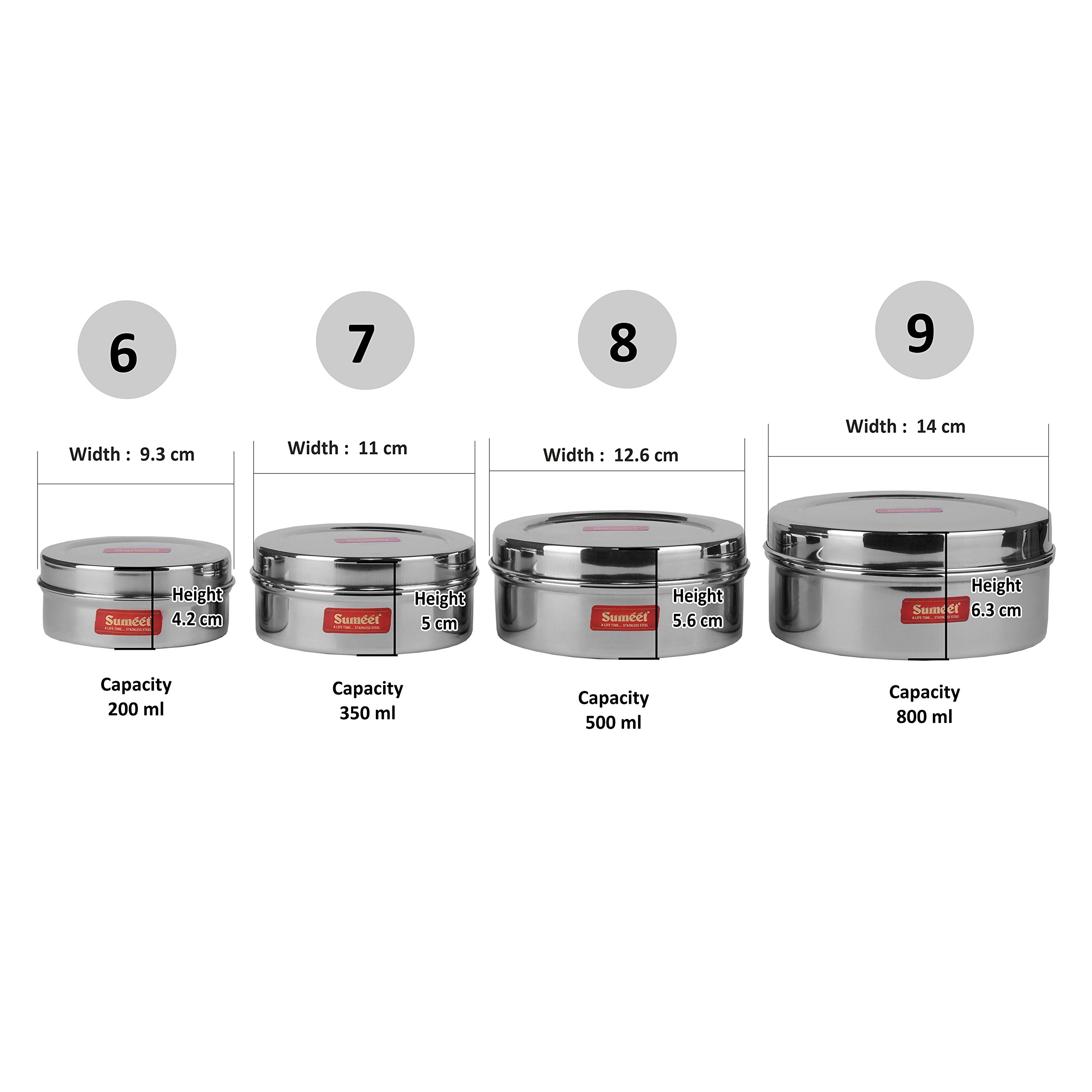 Sumeet Stainless Steel Flat Canisters/Puri Dabba/Storage Containers Set of 4Pcs (No. 6 To No. 9) (200ml, 350ml, 500ml, 800ml)