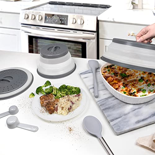 Tovolo 47006-200 Set of Three Collapsible Microwave, Lid for Reheating Food, Meal Prep Gadget, No Mess Folding Plate Cover Kitchen Tool, Set of 3, Charcoal, 3 Count