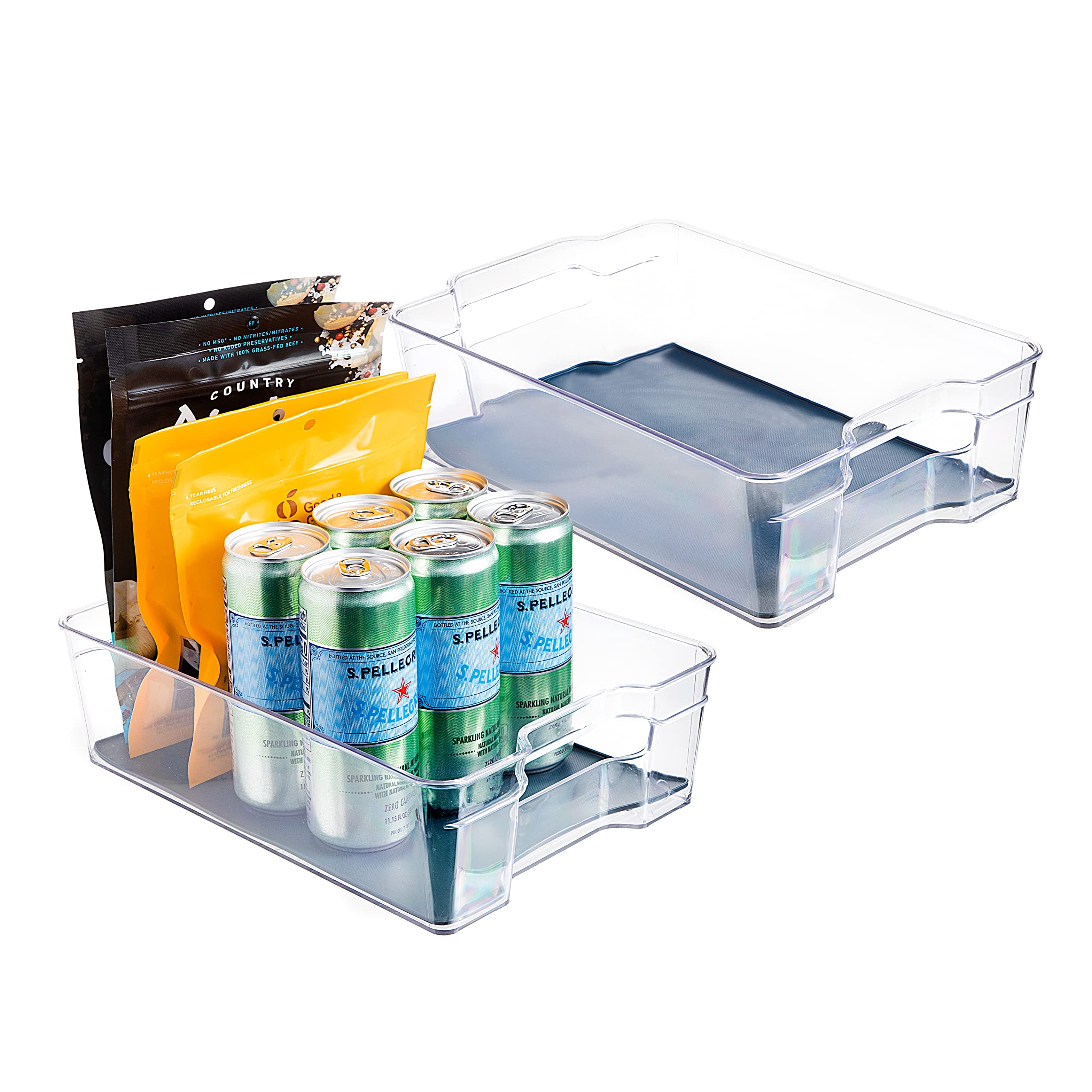 Clear Refrigerator Organizer Bins - 2 Pack Large Sized (8.25" x 12.5") Clear Bins for Fridge with Liners, Containers for Fridge and Freezer, Multipurpose Storage for Kitchen, Office, Bathroom (Blue)