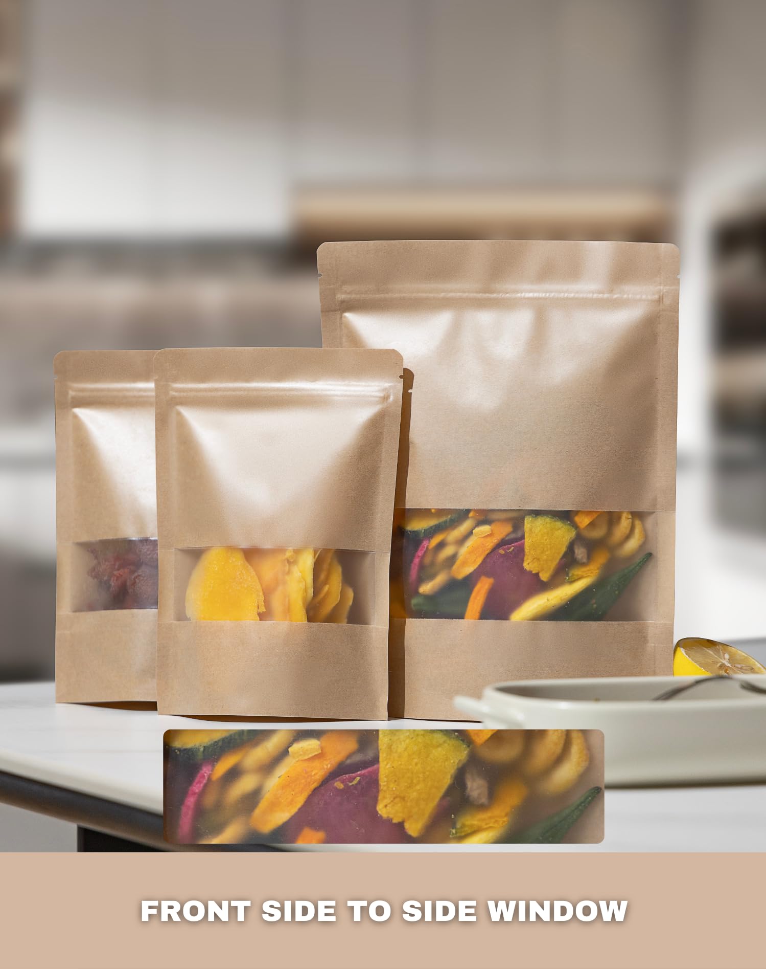24/7 Bags- 200 Pack, Kraft Paper Stand Up Pouch Bag- 5.5" x 7.8", Resealable Zip-Lock with Front Window, Zero BPA, Easy Tear Notch, Self Stand Up, Food Grade Interior Coating