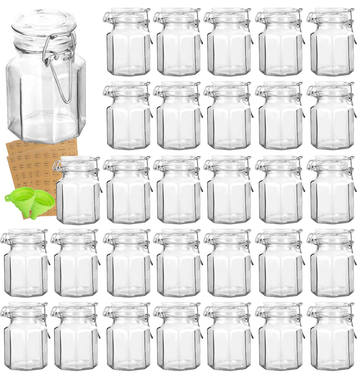 Spice Jars, KAMOTA 30 PACK 3.5oz Octagonal Diamond Small Glass Jars with Leak Proof Rubber Gasket and Airtight Hinged Lid, 280 Spice Labels & 2 Silicone Funnels, for Spice Herb,Art Craft Storage Empty