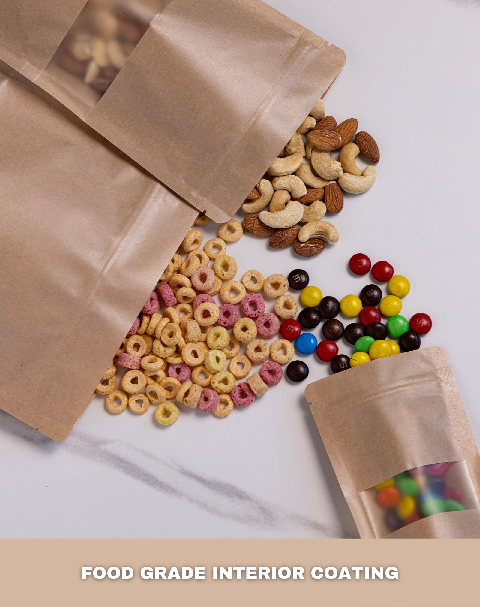 24/7 Bags- 200 Pack, Kraft Paper Stand Up Pouch Bag- 5.5" x 7.8", Resealable Zip-Lock with Front Window, Zero BPA, Easy Tear Notch, Self Stand Up, Food Grade Interior Coating