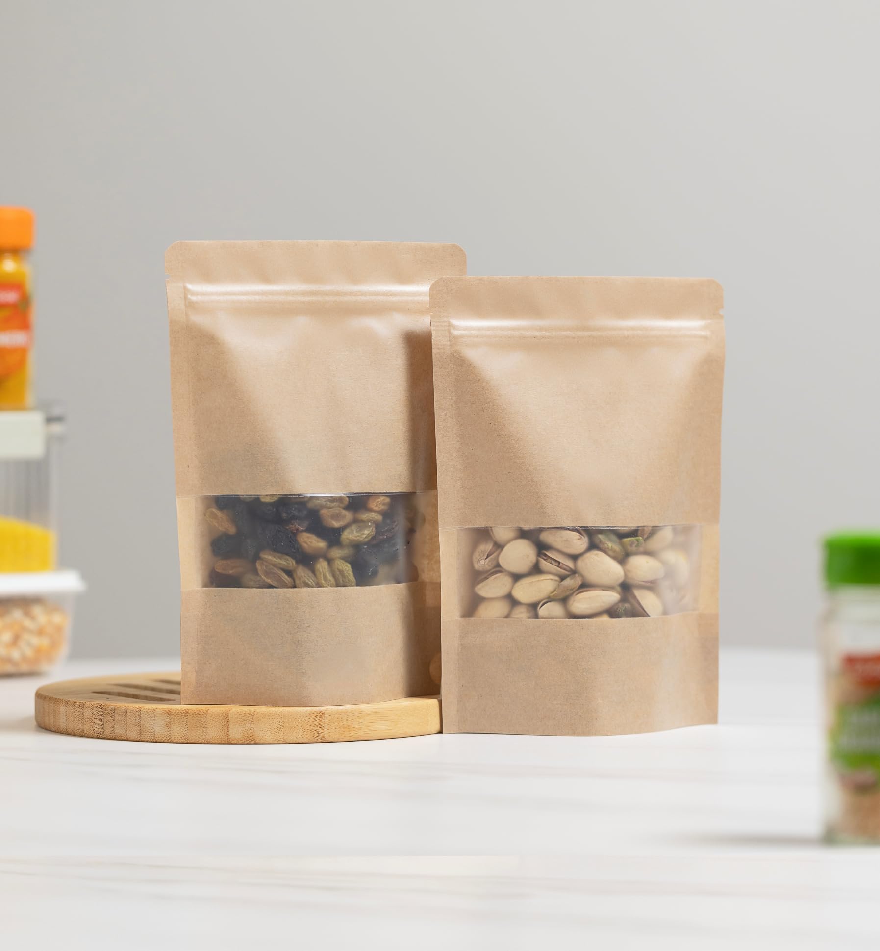 24/7 Bags- 200 Pack, Kraft Paper Stand Up Pouch Bag- 5.5" x 7.8", Resealable Zip-Lock with Front Window, Zero BPA, Easy Tear Notch, Self Stand Up, Food Grade Interior Coating