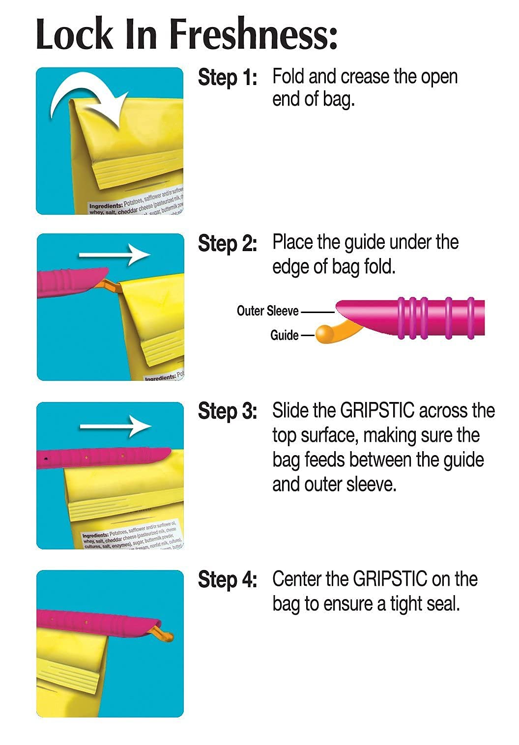 GRIPSTIC Bag Sealer - Reusable Chip Bag Clips. Patented. Airtight & Waterproof Seal on Food Storage Bags, Kids Snacks & More. Near Zero Waste. 12ct Large