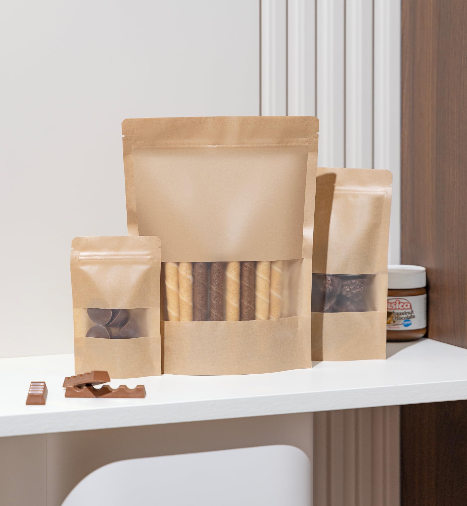 24/7 Bags- 200 Pack, Kraft Paper Stand Up Pouch Bag- 5.5" x 7.8", Resealable Zip-Lock with Front Window, Zero BPA, Easy Tear Notch, Self Stand Up, Food Grade Interior Coating