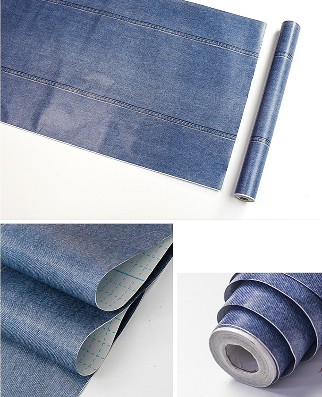 Decorative Blue Denim Pattern Vinyl Contact Paper Self Adhesive Shelf Liner for Kitchen Cabinets Countertop Furniture Crafts 17.7x78.7 Inches