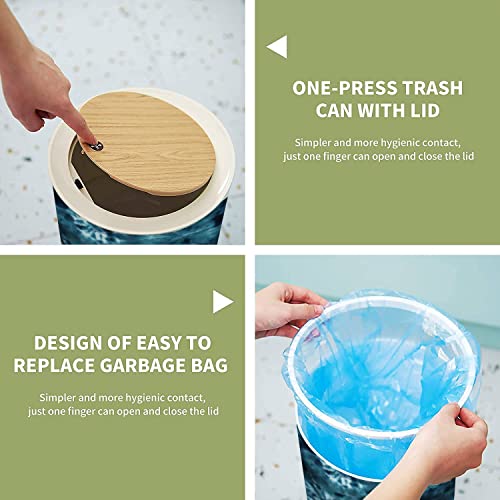 Small Trash Can with Lid Tie dye shibori seamless Watercolor hand painted dark indigo blue navy Garbage Bin Wood Waste Bin Press Cover Round Wastebasket for Bathroom Bedroom Diaper Office Kitchen