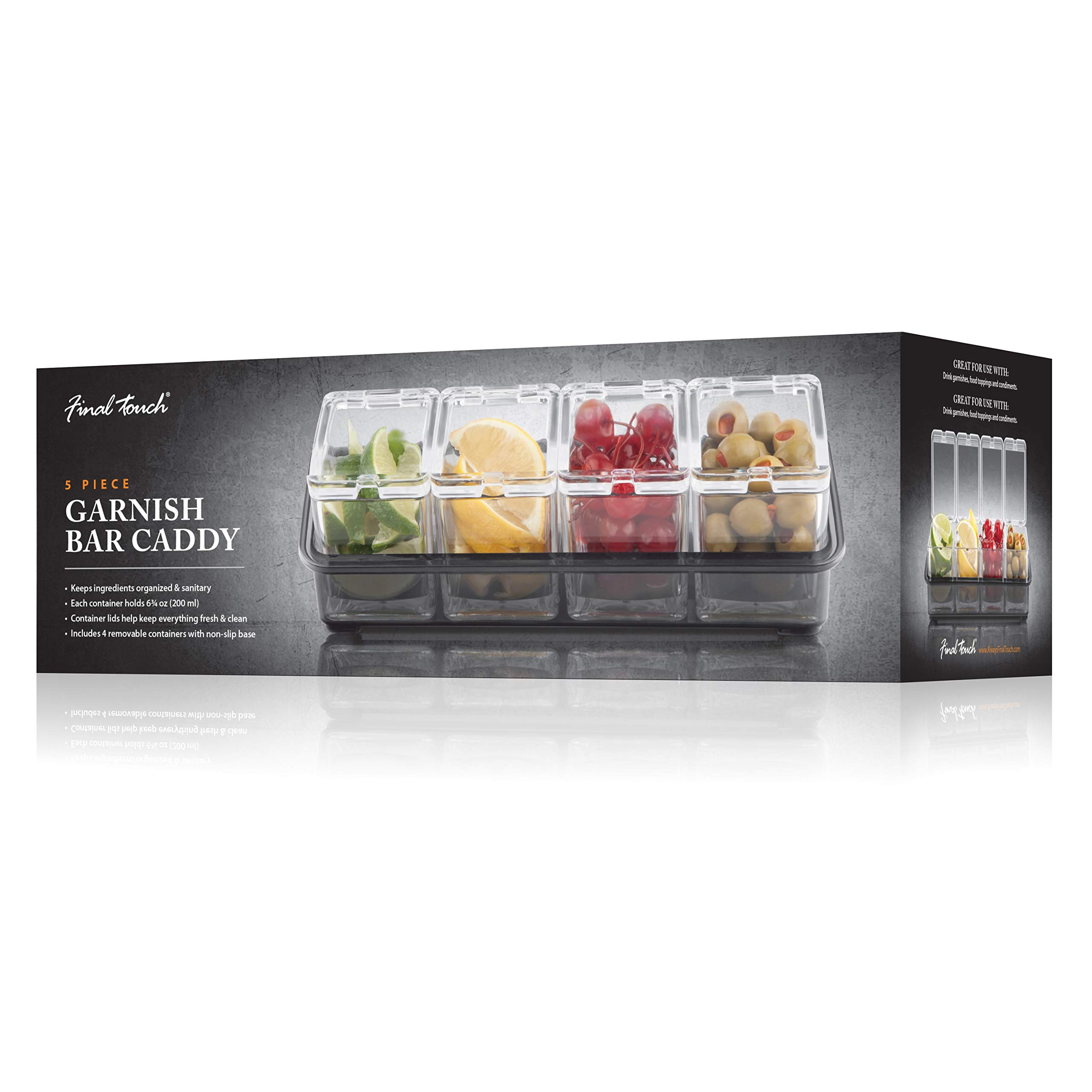 Final Touch 5 Piece Garnish Bar Caddy - Keep Ingredients Organized and Sanitary - 4 Removable Containers with Lids - BPA-Free Acrylic (FTA2000)