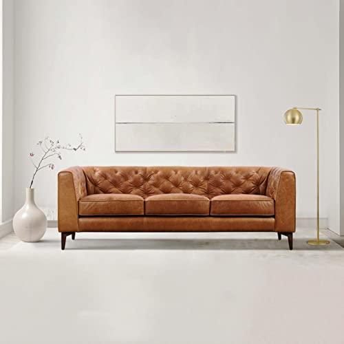 POLY & BARK Essex Leather Couch β 89-Inch Leather Sofa with Tufted Back - Full Grain Leather Couch with Feather-Down Topper On Seating Surfaces β Vintage Pure-Aniline Italian Leather β Cognac Tan