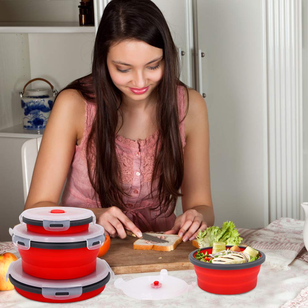 Guyuyii 4 Pack Collapsible Bowls for Camping - Space-Saving, Microwave, Dishwasher and Freezer Safe Camping Bowl with Lid for Travel, RV, Outdoor Adventures - 4 Sizes (1200 ml, 800 ml, 500 ml, 350 ml)