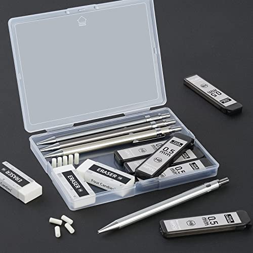 Four Candies 0.5mm Mechanical Pencil Set with Case - 4PCS Metal Mechanical Pencils, 6 Tubes HB #2 Lead Refills, 3PCS 4B Erasers and 9PCS Eraser Refills, Lead Mechanical Pencils for Writing & Drawing