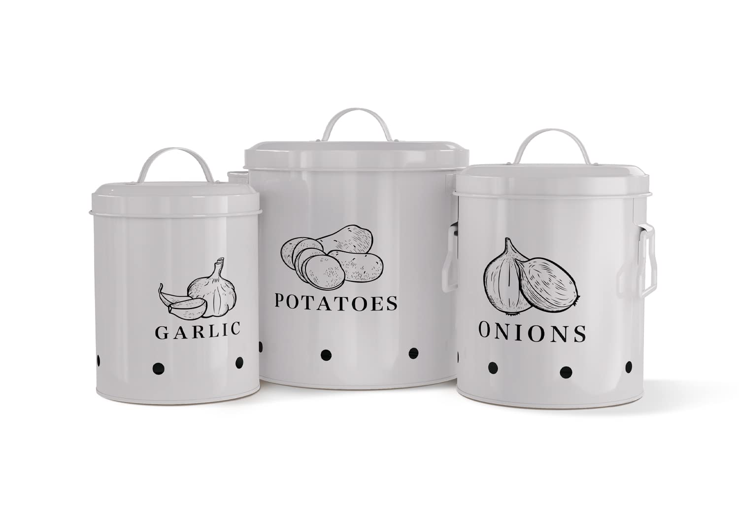 KooK Potato, Onion & Garlic Kitchen Storage Canisters, Rustic Farmhouse Containers with Aerating Holes, Vintage Vegetable Tins, Set of 3, 5 Liter, 2 Liter & 1 Liter (Slate Grey)