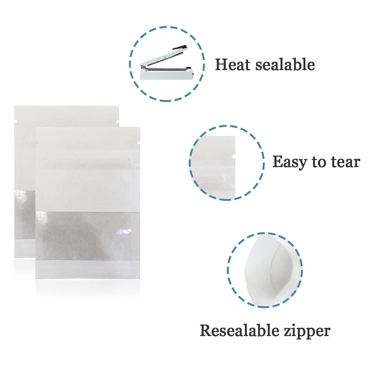 FERENLI 100Pcs Kraft Paper Window Bags Smell Proof Food Storage Pouch Flat for Zip Resealable Lock Candy Coffee Beans Packaging Bag with Tear Notches (7x9cm (2.8x3.5 inch), White)