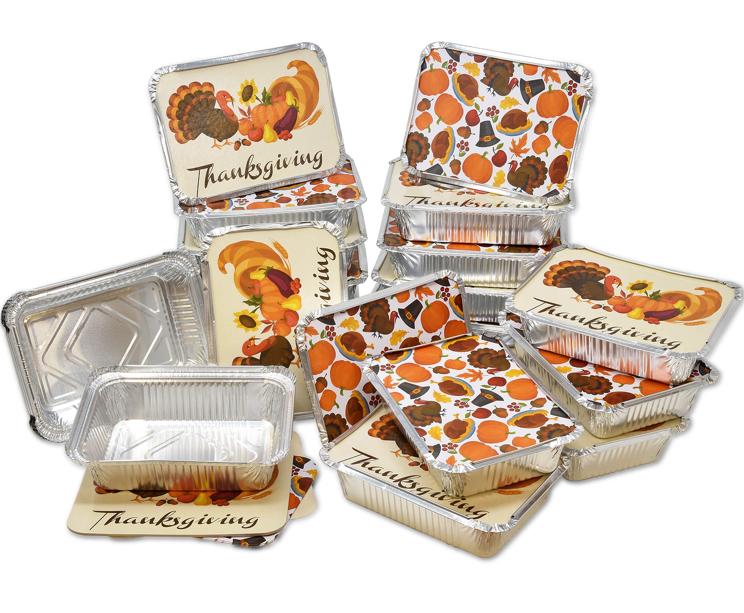 Gift Boutique 36 Thanksgiving Tin Foil Containers with Lid Covers For Cookies in 2 Harvest Designs Autumn Aluminum Disposable Food Storage Pans for Fall Treat Goodies Party Leftover 5"W X 7"L X 1.5"