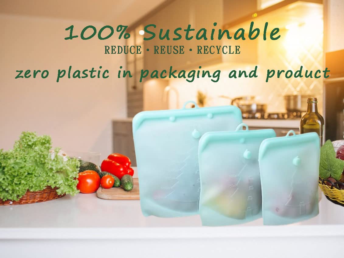 3R Reusable Silicone Food Bags with 100% Leak Proof,Silicone Bags Microwave safe, Freezer Safe & Dishwasher Safe,Reusable bags with 3 Sizes(1 Small, Medium,Self Standing,a Hook For Easy Hanging