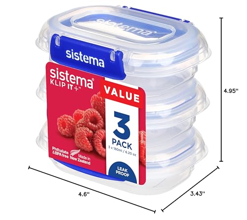 Sistema KLIP IT PLUS Food Storage Containers, 180 ml, 3 Piece Airtight Containers Set, Leak-Proof Seal, Easy Locking Clips, BPA-Free