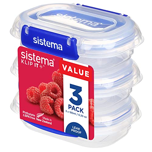 Sistema KLIP IT PLUS Food Storage Containers, 180 ml, 3 Piece Airtight Containers Set, Leak-Proof Seal, Easy Locking Clips, BPA-Free