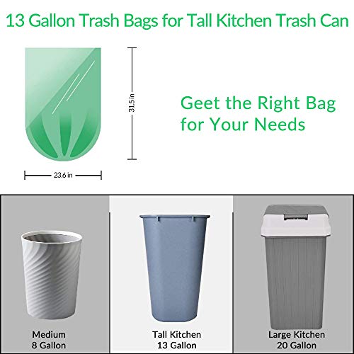 Biodegradable Trash Bags 13 Gallon for Kitchen Tall Trash Can, 0.97 Mil Thicken Large Garbage Bags Recycling Lawn Trash Can Liner Green 60 Counts