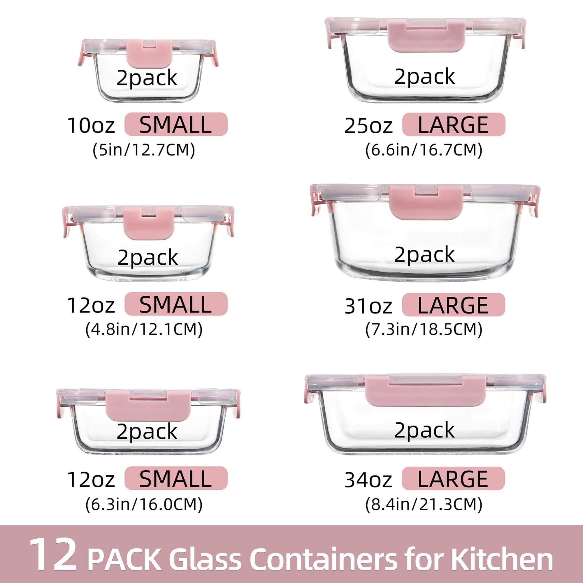 UMI UMIZILI 12 Pack Pink Glass Food Storage Containers with Lids, Airtight Meal Prep Lunch Containers with Snap Locking Lids Leakage-proof, Multi Sizes Glass Container Set for Any Occassions