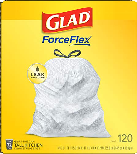 GLAD ForceFlex Tall Drawstring Trash Bags, 13 Gallon White Trash Bags for Tall Kitchen Trash Can, Unscented Leak Protection Bags, 120 Count - Packaging May Vary