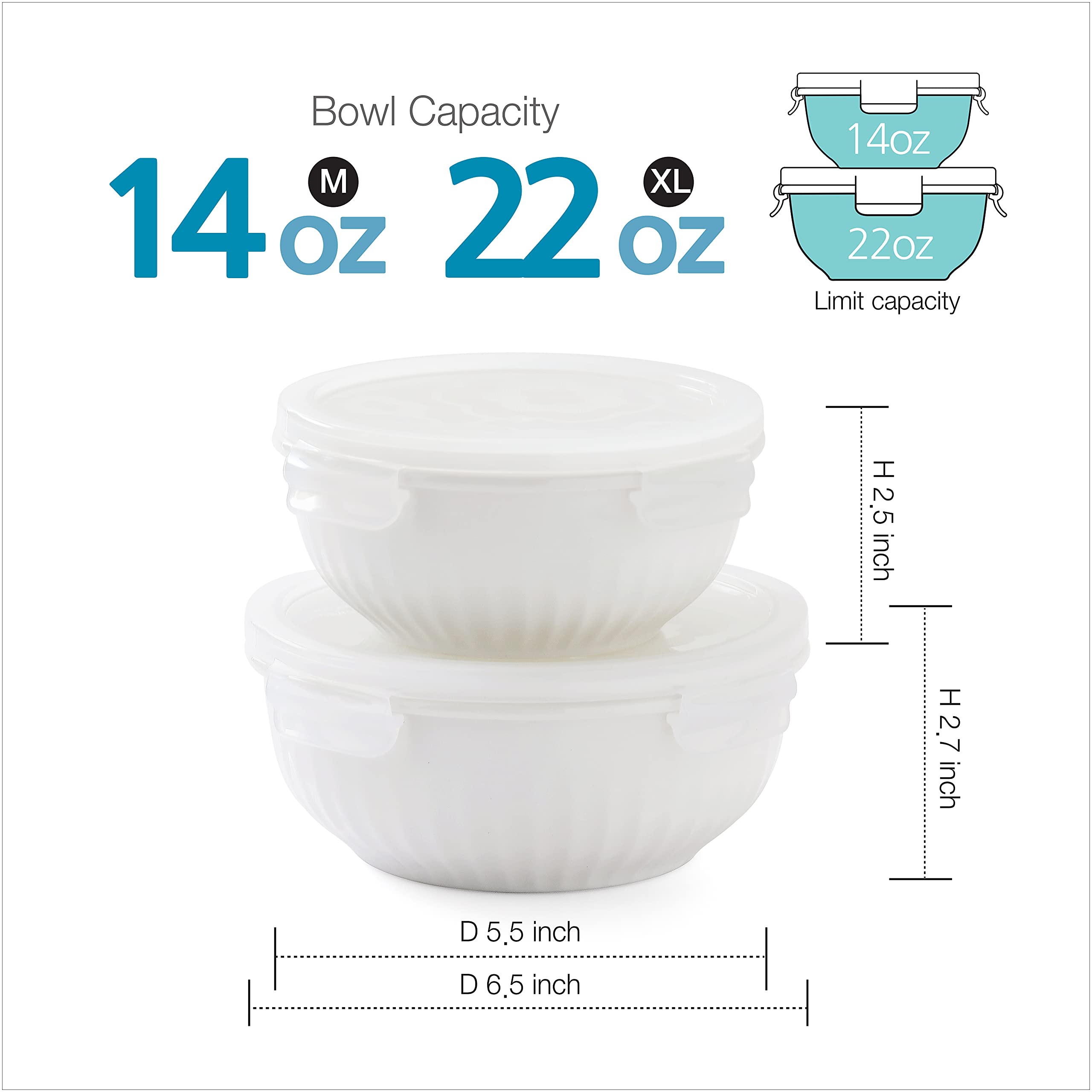 ZEN Pleats Porcelain Serve and Store Airtight Container 14&22oz Bowls Set of 2 (White)