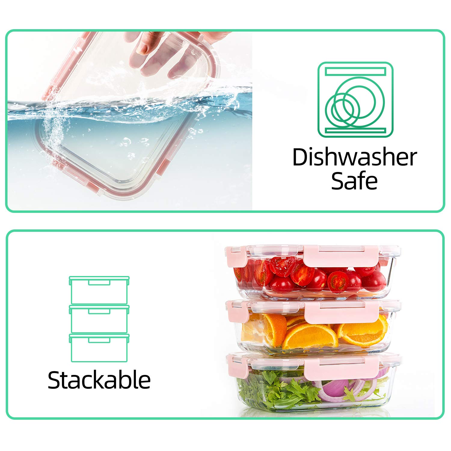 UMI UMIZILI 12 Pack Pink Glass Food Storage Containers with Lids, Airtight Meal Prep Lunch Containers with Snap Locking Lids Leakage-proof, Multi Sizes Glass Container Set for Any Occassions