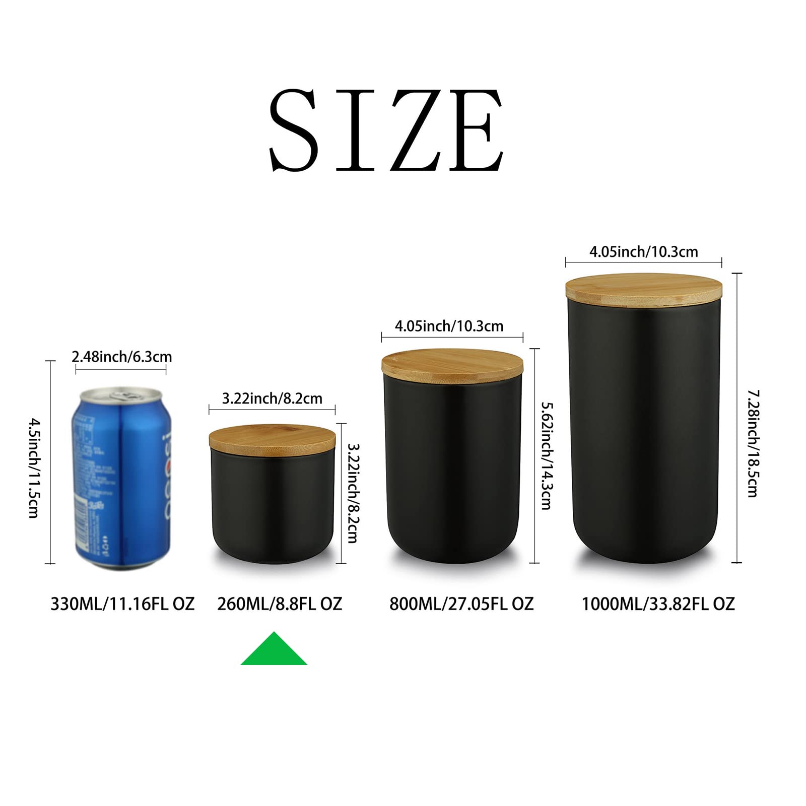 jessie Ceramic Storage Containers with Airtight Seal Bamboo Lids Kitchen Canisters for Tea Spice Seasoning Sugar Coffee (black, 260ml/9 oz)