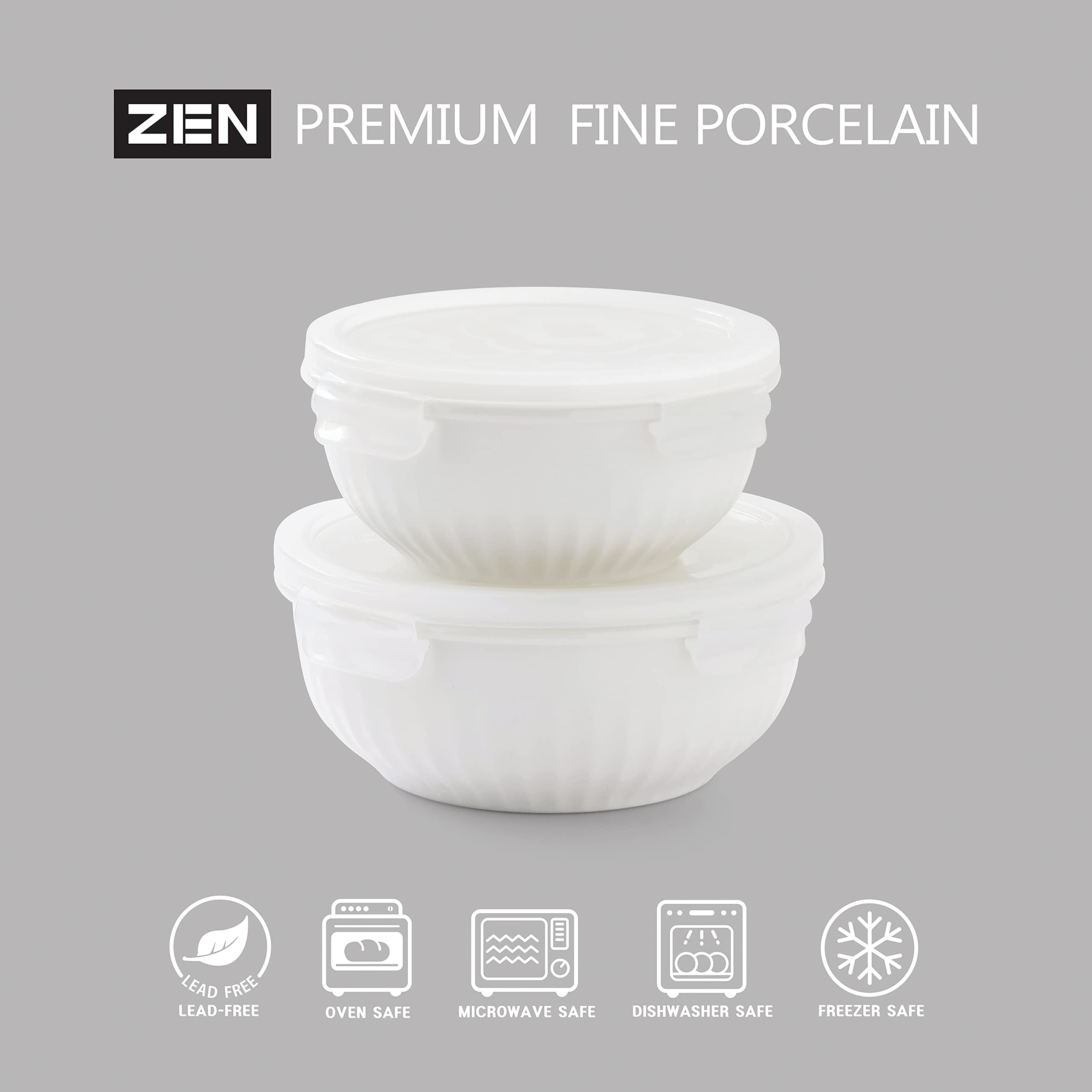 ZEN Pleats Porcelain Serve and Store Airtight Container 14&22oz Bowls Set of 2 (White)