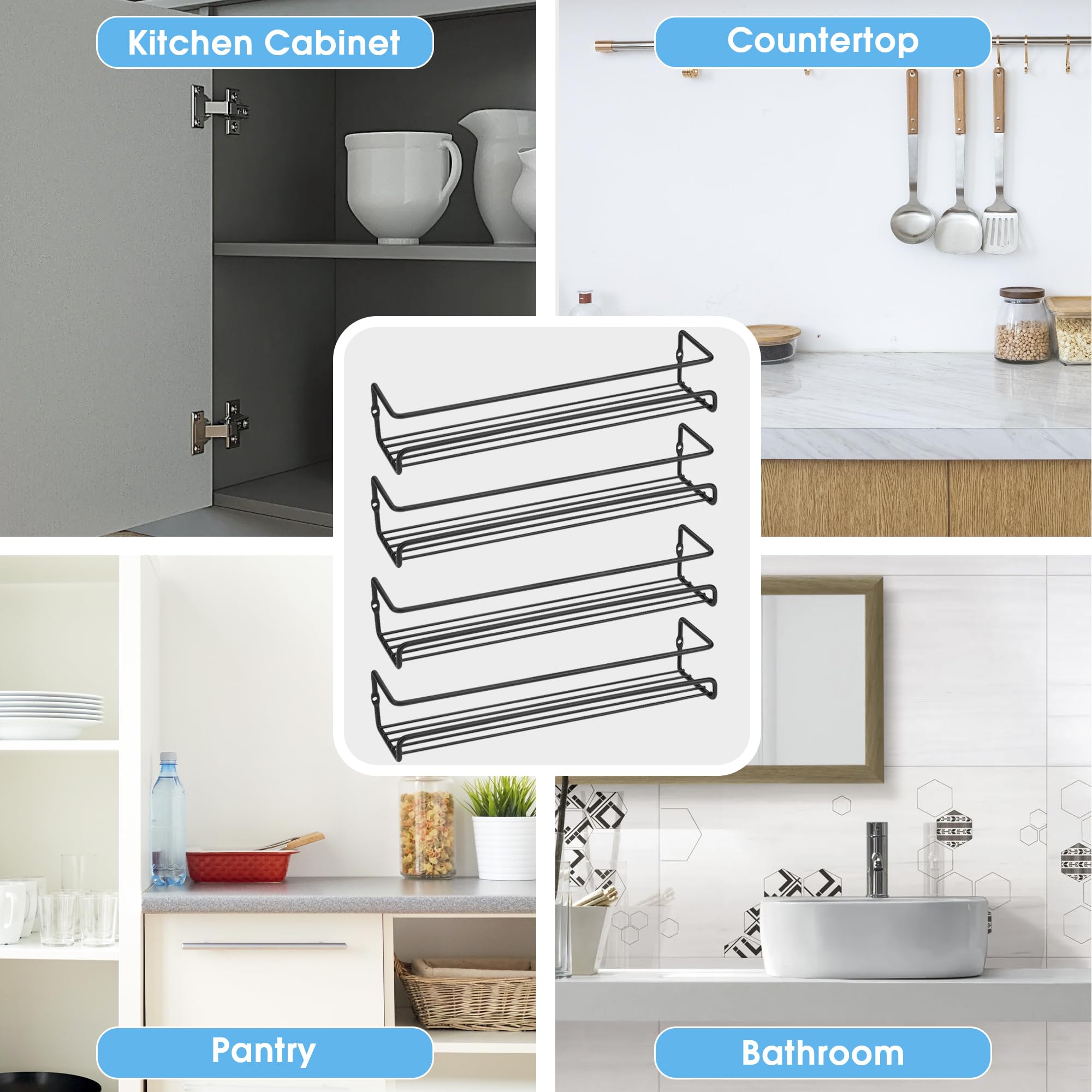 ROFAY Spice Rack Organiser, 4 Pack Wall Mounted Tier Shelf with Adhesive Sticker & Screws for Spices, Herbs, Jars and Other in Cupboard/Kitchen/Cabinets/Pantry