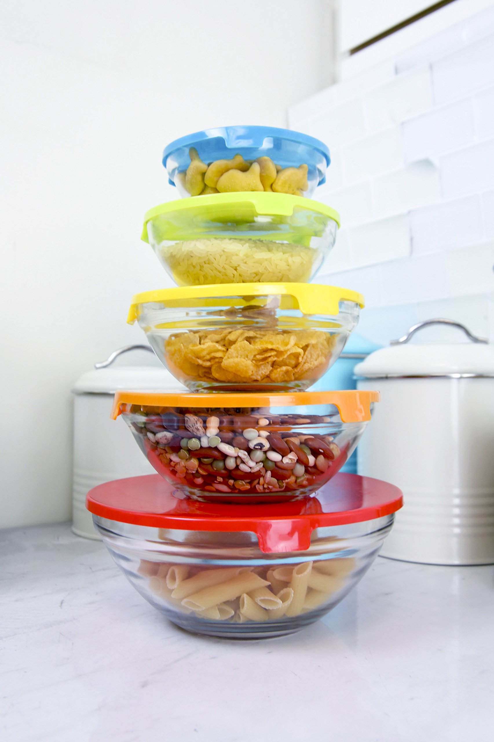 Home Basics Glass Food Storage Containers with Multi Color Plastic Lids