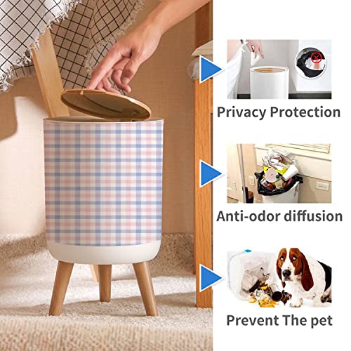 Trash Can with Lid Pink and Blue Pastel Gingham Seamless Check Suitable for Mens Shirt Wood Small Garbage Bin Waste Bin for Kitchen Bathroom Bedroom Press Cover Wastebasket 7L/1.8 Gallon