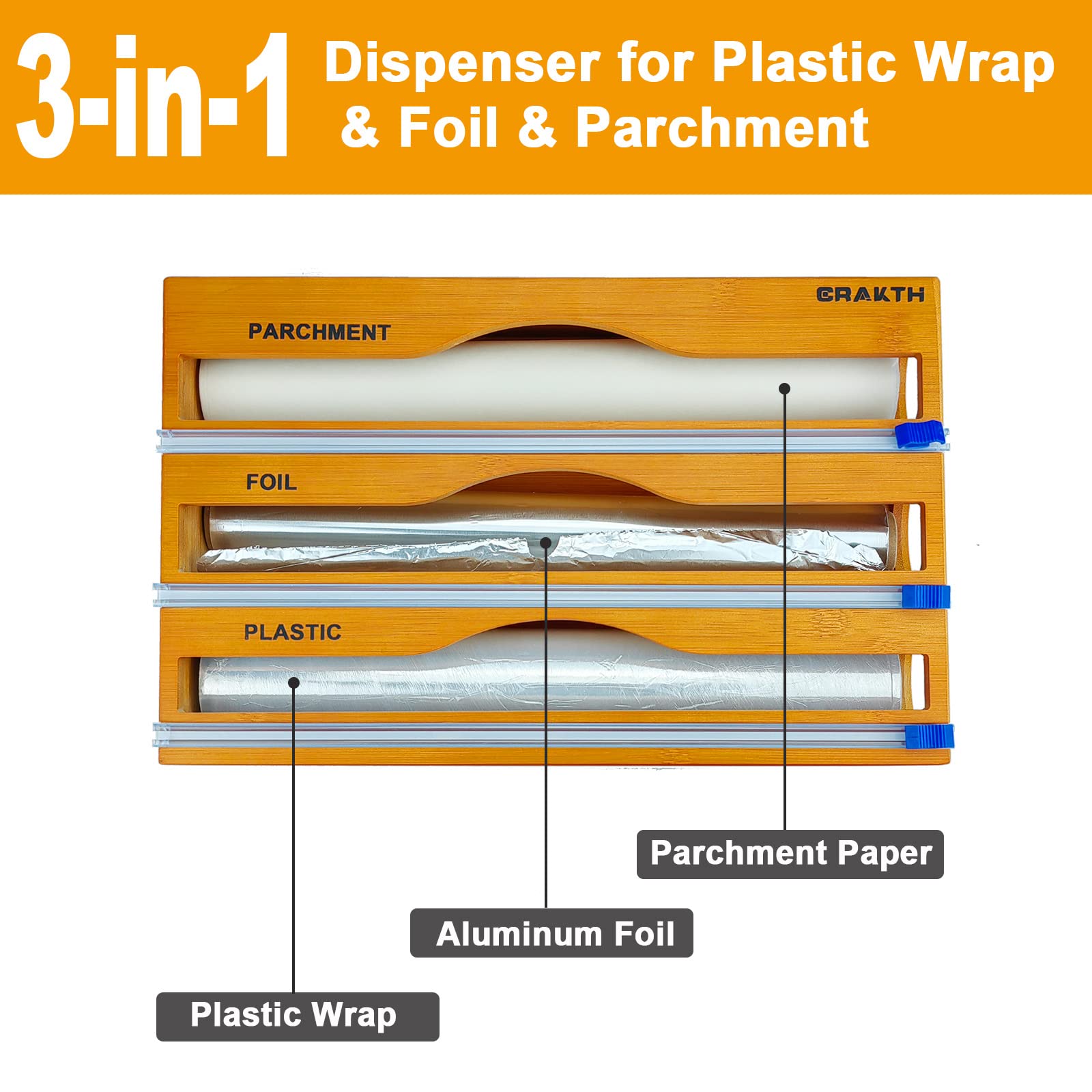 CRAKTH Bamboo Plastic Wrap Dispenser with Cutter, 3 in 1 Storage Organizer for Aluminum Foil & Cling Film & Parchment Paper