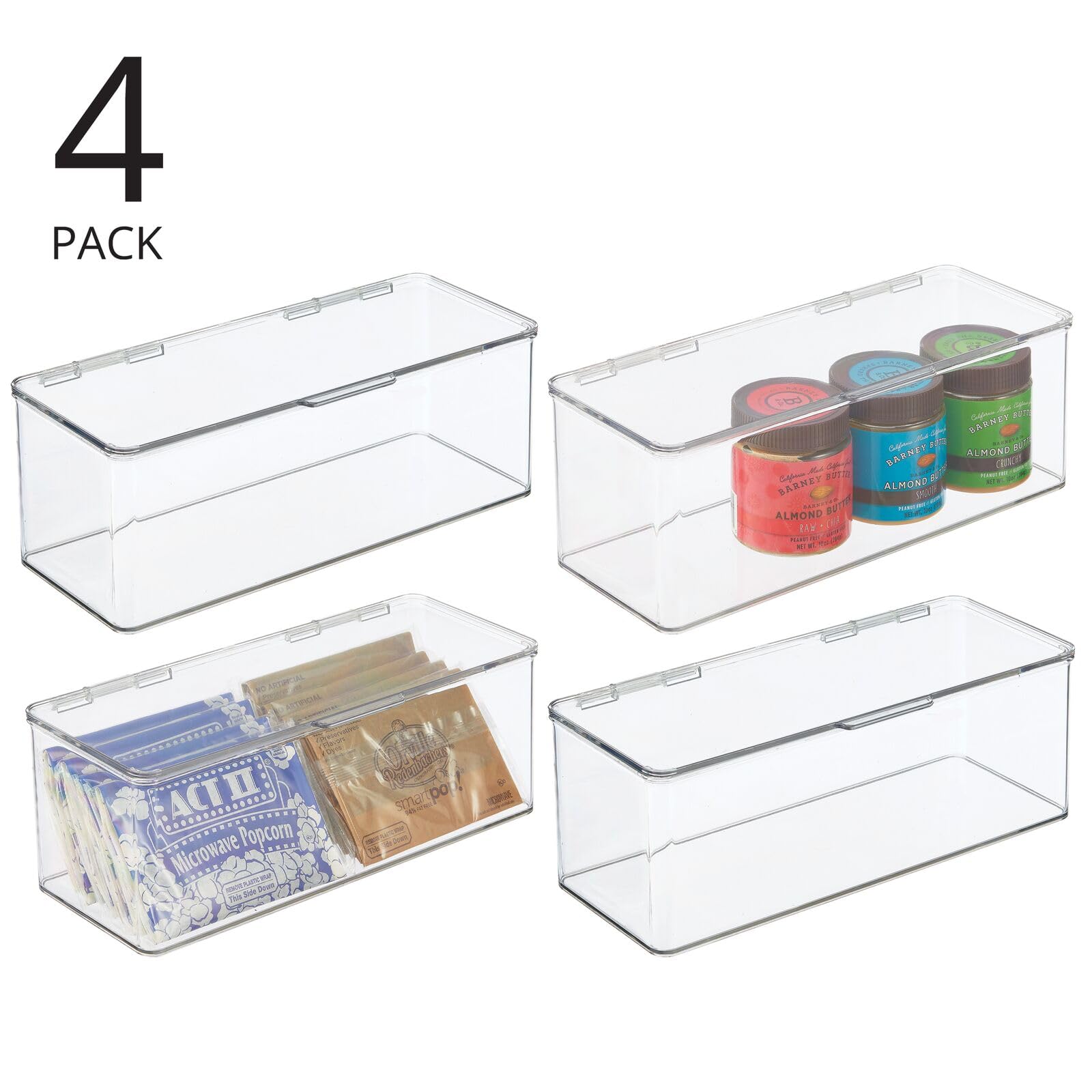 mDesign Plastic Kitchen Pantry and Fridge Storage Organizer Box Containers with Hinged Lid for Shelves or Cabinets, Holds Food, Snacks, Canned Drinks, Seasoning, Condiments, or Utensils, 4 Pack, Clear