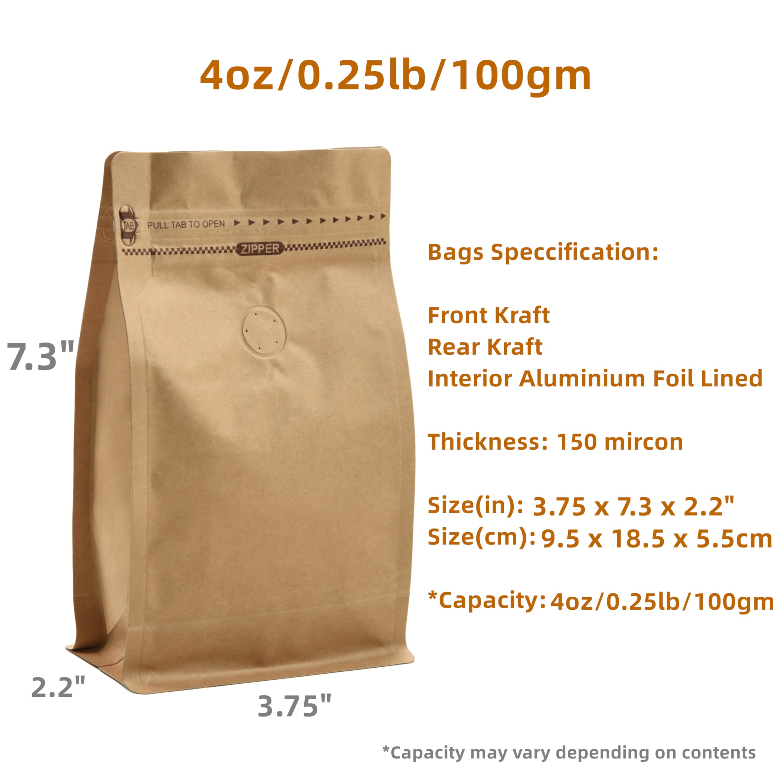 EVERPACK 4 Ounce 100 Packs High Barrier Kraft Paper Coffee Bags, Stand Up/Flat Bottom Coffee Pouches with Air Release Valve & Reusable Pull Tab Side Zipper (100 Pieces, 4oz/0.25lb/100gm)
